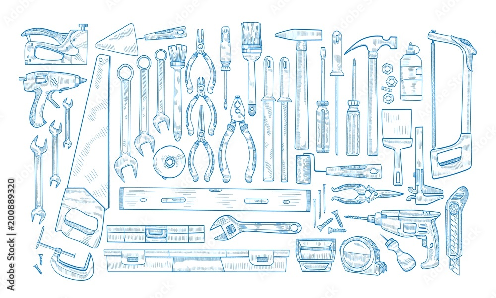 Collection of manual and powered electric tools for woodworking, home ...