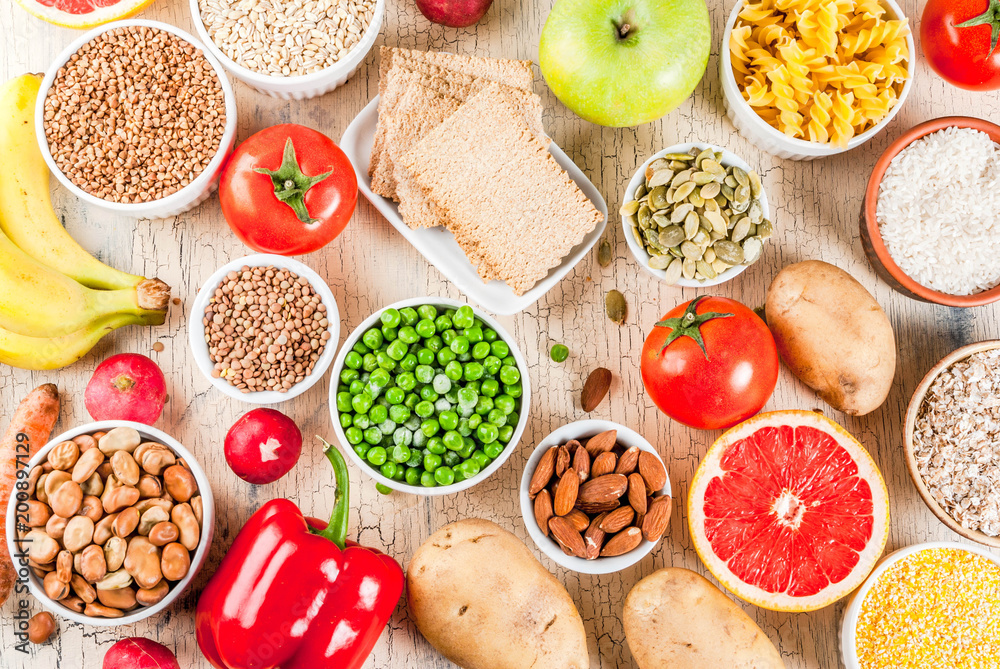 Diet food background concept, healthy carbohydrates (carbs) products ...
