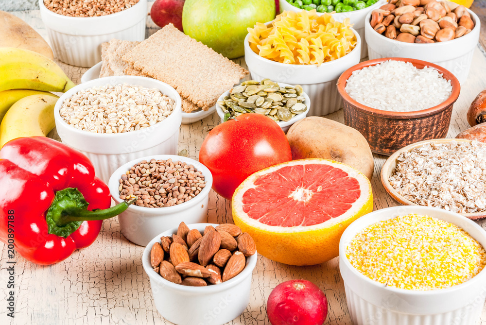 Diet food background concept, healthy carbohydrates (carbs) products ...