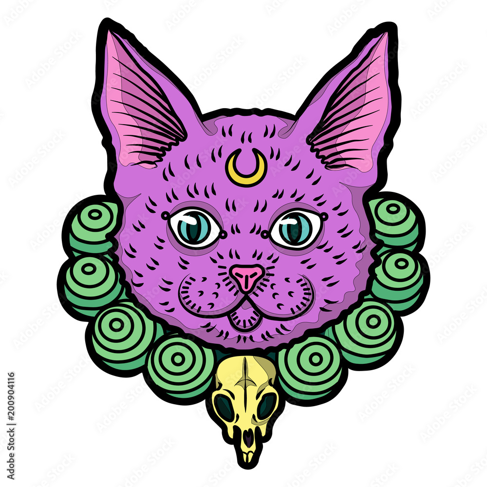 Vector illustration crazy violet cat with pink nose and golden moon on ...