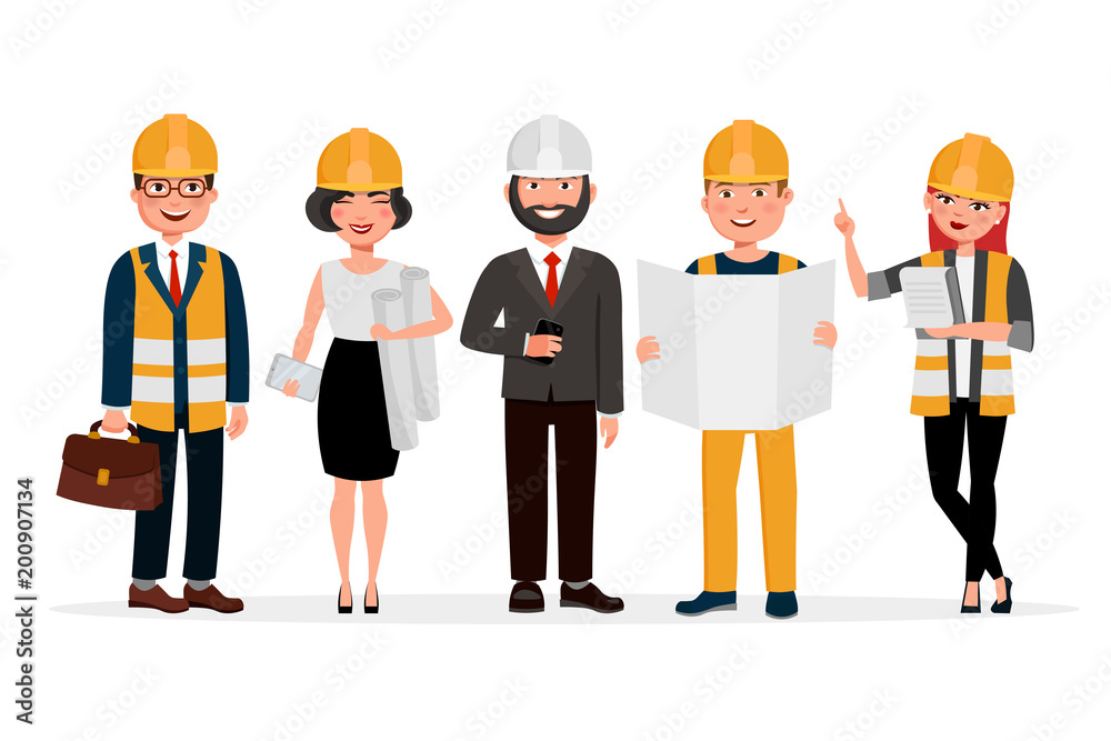 Engineers cartoon characters isolated on white background. Group of ...