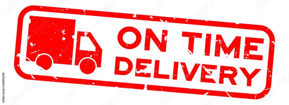 Grunge red on time delivery word with truck icon square rubber seal ...