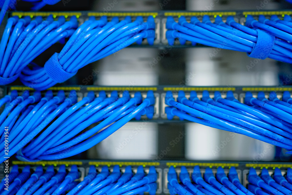 LAN cable wiring and networking in the network or server rack in the ...