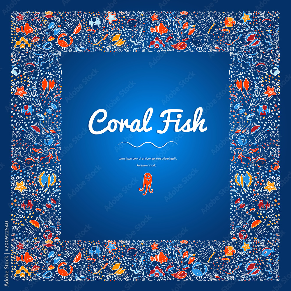 Square frame of deep-sea fish, seaweed. Multicolor, bright frame for ...