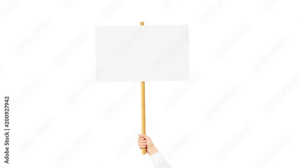 Blank white hand holding white sign mockup on wooden stick front view ...