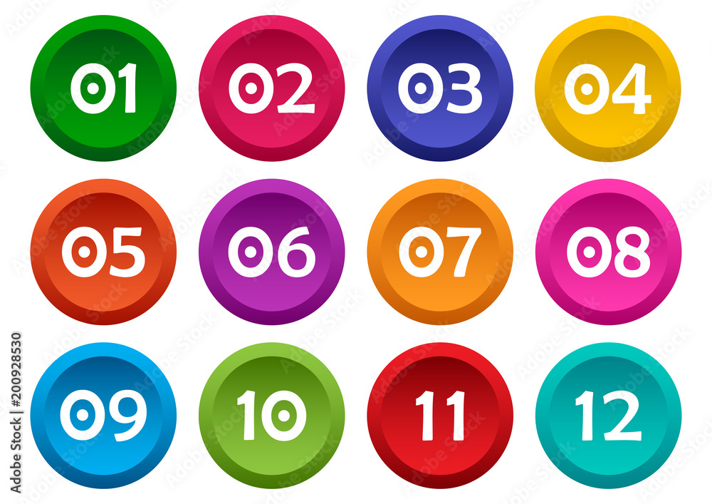 Colorful set of buttons with numbers from 01 to 12. Vector illustrati ...