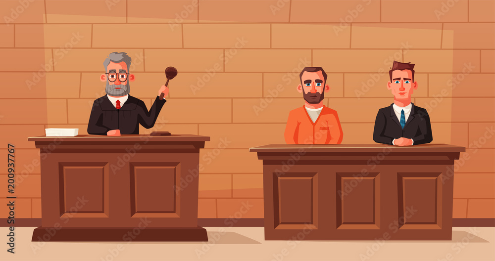 Judge character with hammer, lawyer and defendant. Cartoon vector ...