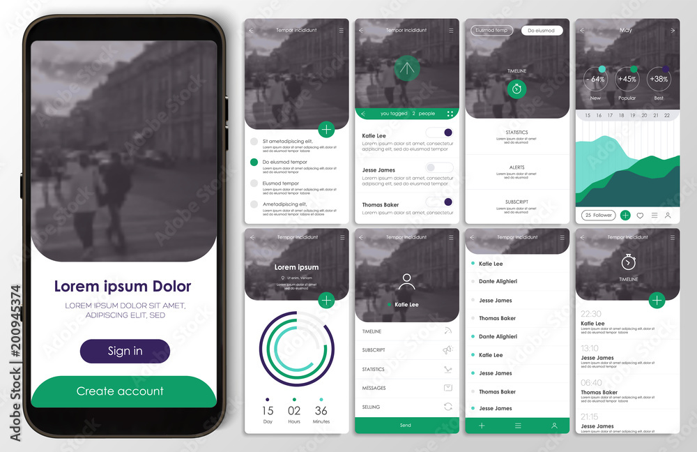 Design of the mobile application, UI, UX. A set of GUI screens with ...