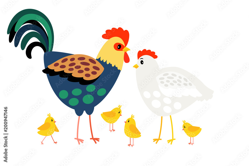 Rooster family. Hen mother, cock father and chickens cartoon vector ...
