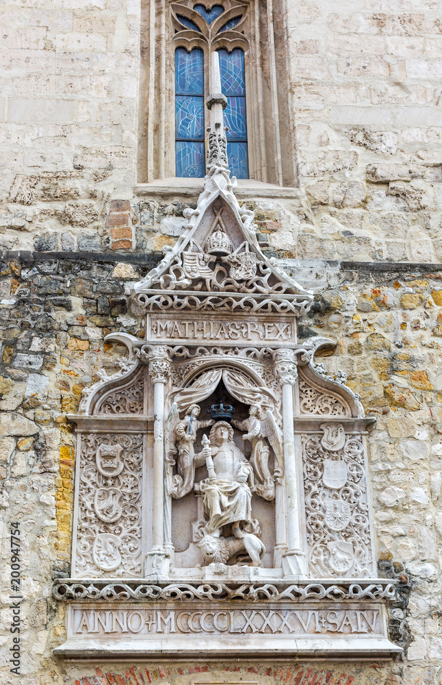 Bas relief of king of Hungary Matthias in full armour sitting with his ...