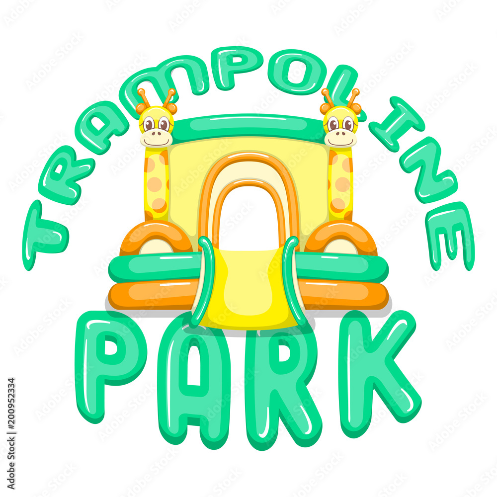 Trampoline park card with bouncy castle. Bright cartoon style. Eps 10 ...