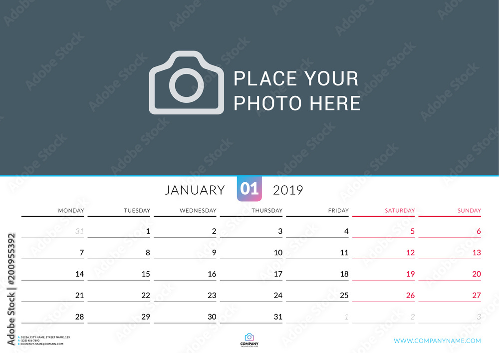 Wall calendar for January 2019. Vector design print template with place ...