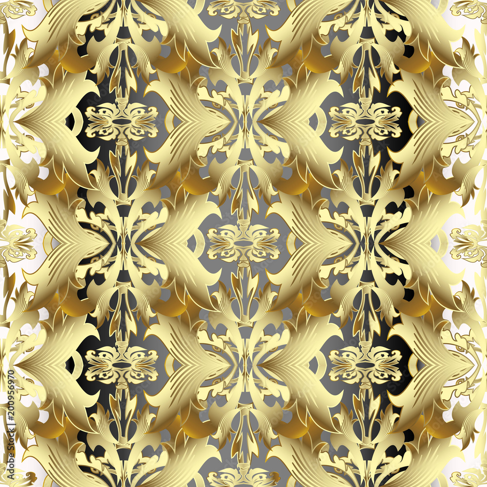 Gold 3d Baroque seamless pattern. Vector golden floral background ...