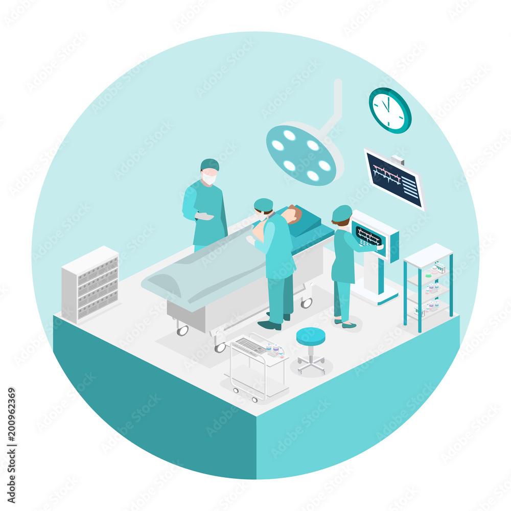 Isometric flat 3D interior of Surgery Department. Hospital Plastic ...