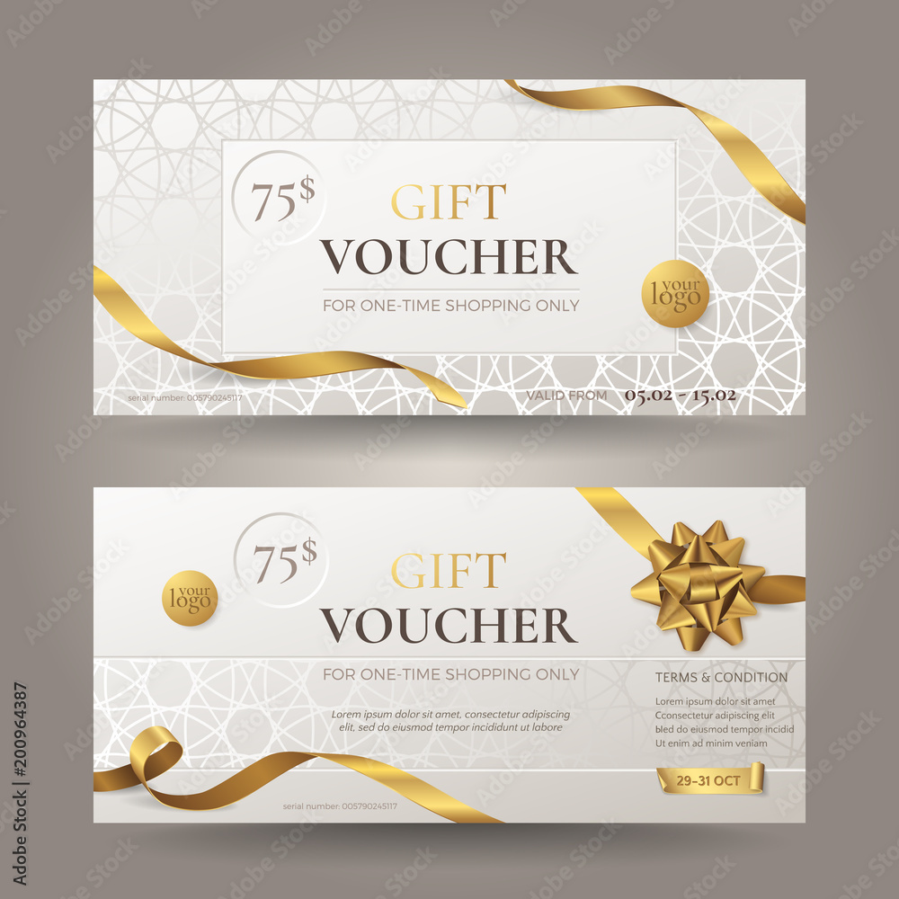 Set of stylish gift voucher with golden ribbons, a realistic bow and ...