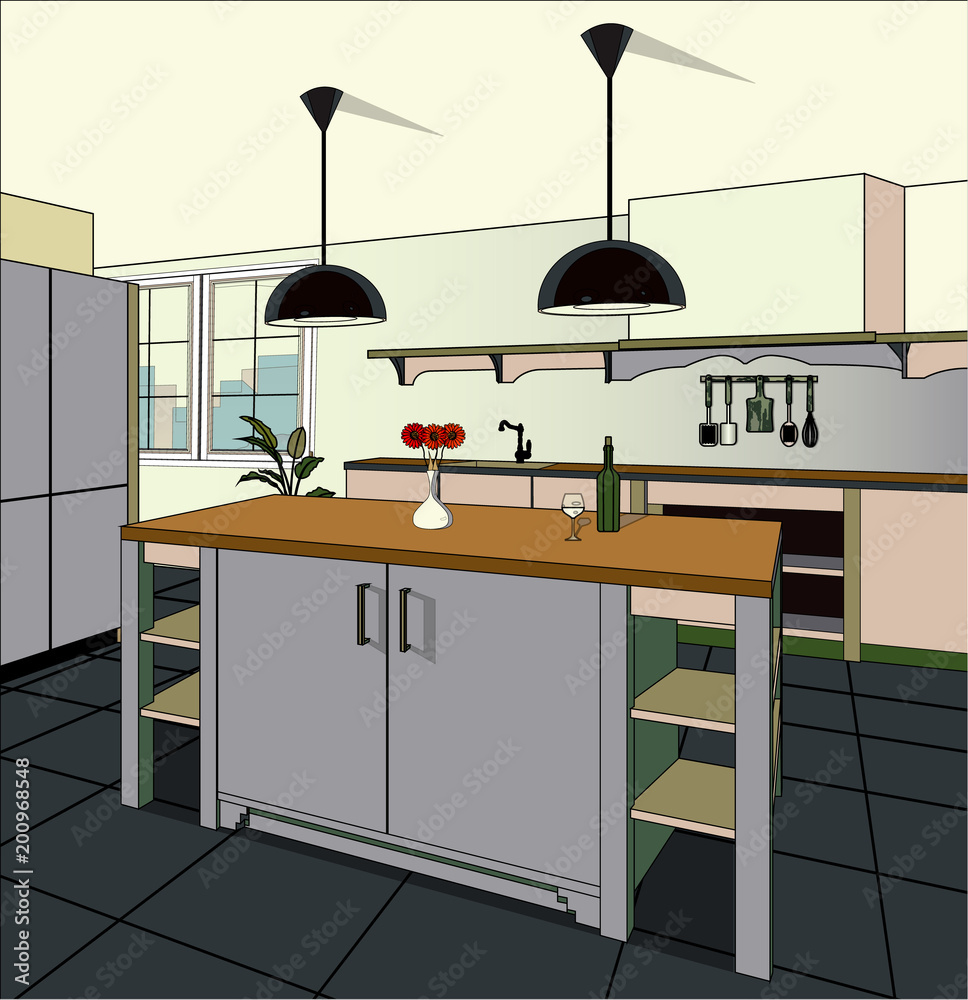 Kitchen interior background with furniture. Design of modern kitchen ...