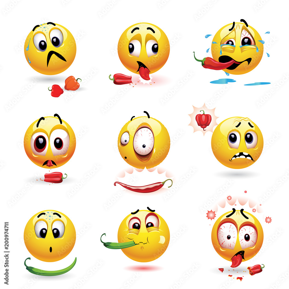 Smiley making funny faces while eating chili. Very hot chili pepper ...