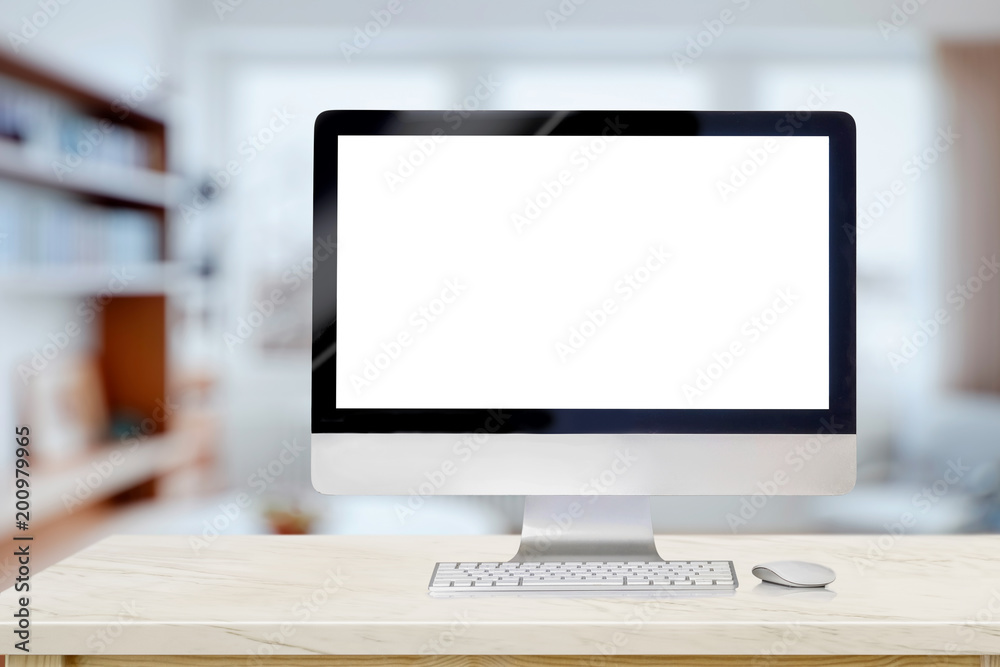 Mockup desktop computer on desk in living room background. workspace ...