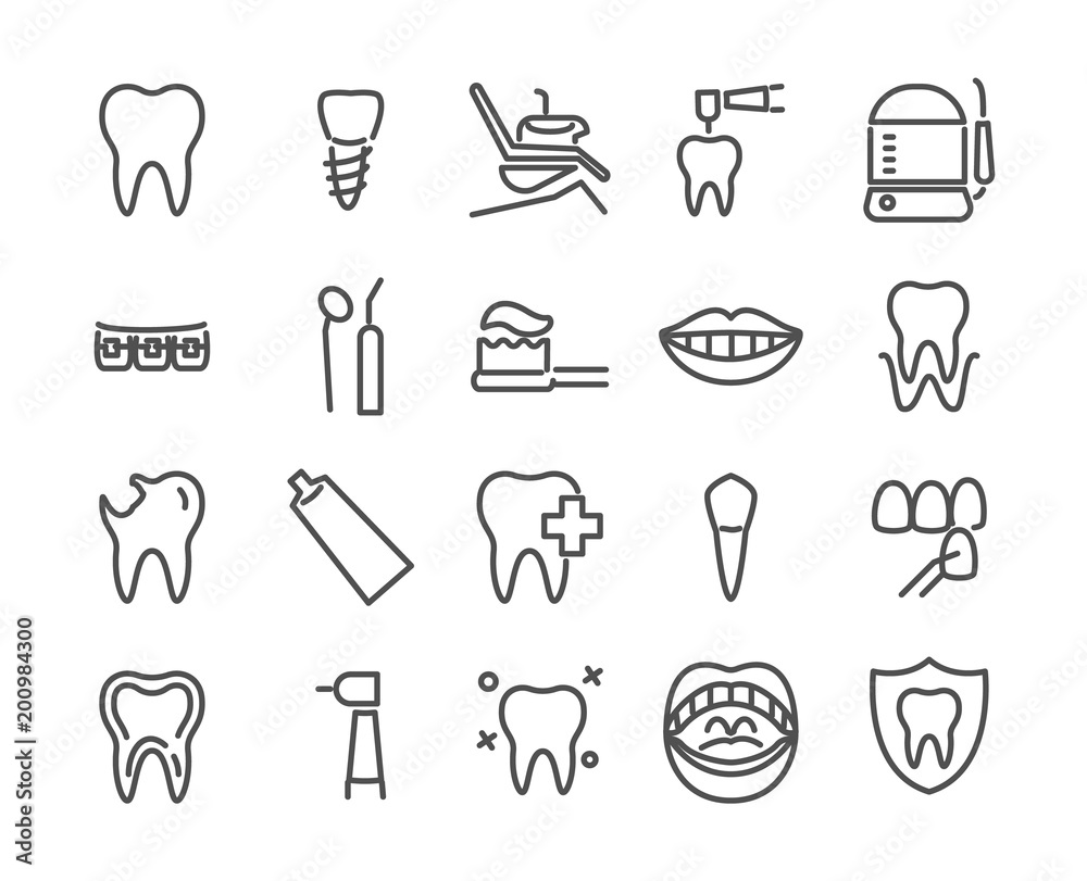 Dentist icon set made in line style. Includes such icons as healthy ...