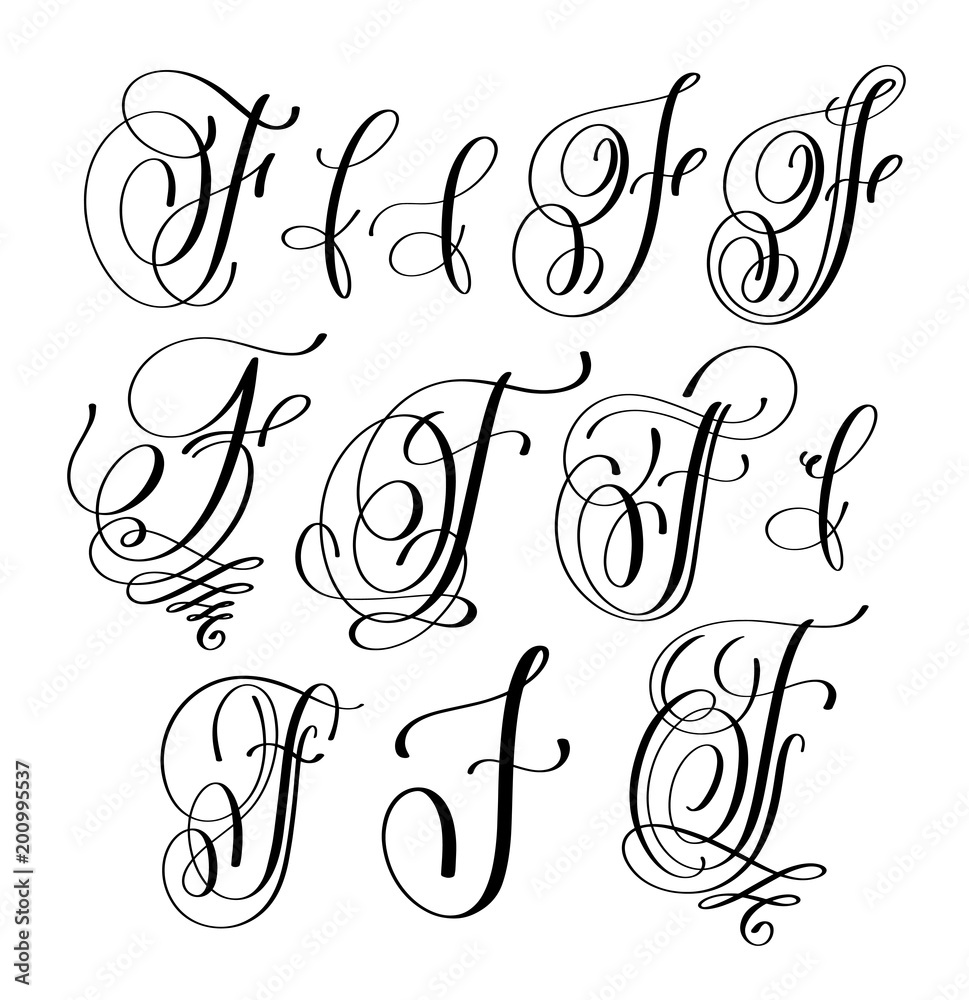 calligraphy lettering script font F set, hand written signature Stock ...