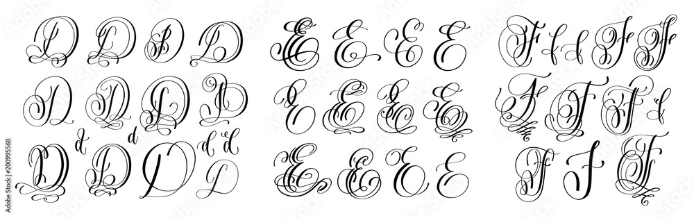 calligraphy letters set D, E and F, script font Stock Vector | Adobe Stock