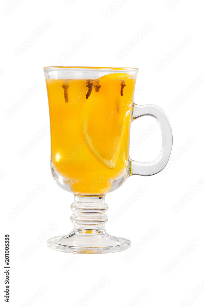 One-color opaque cocktail, yellow mulled wine in a high glass with a ...