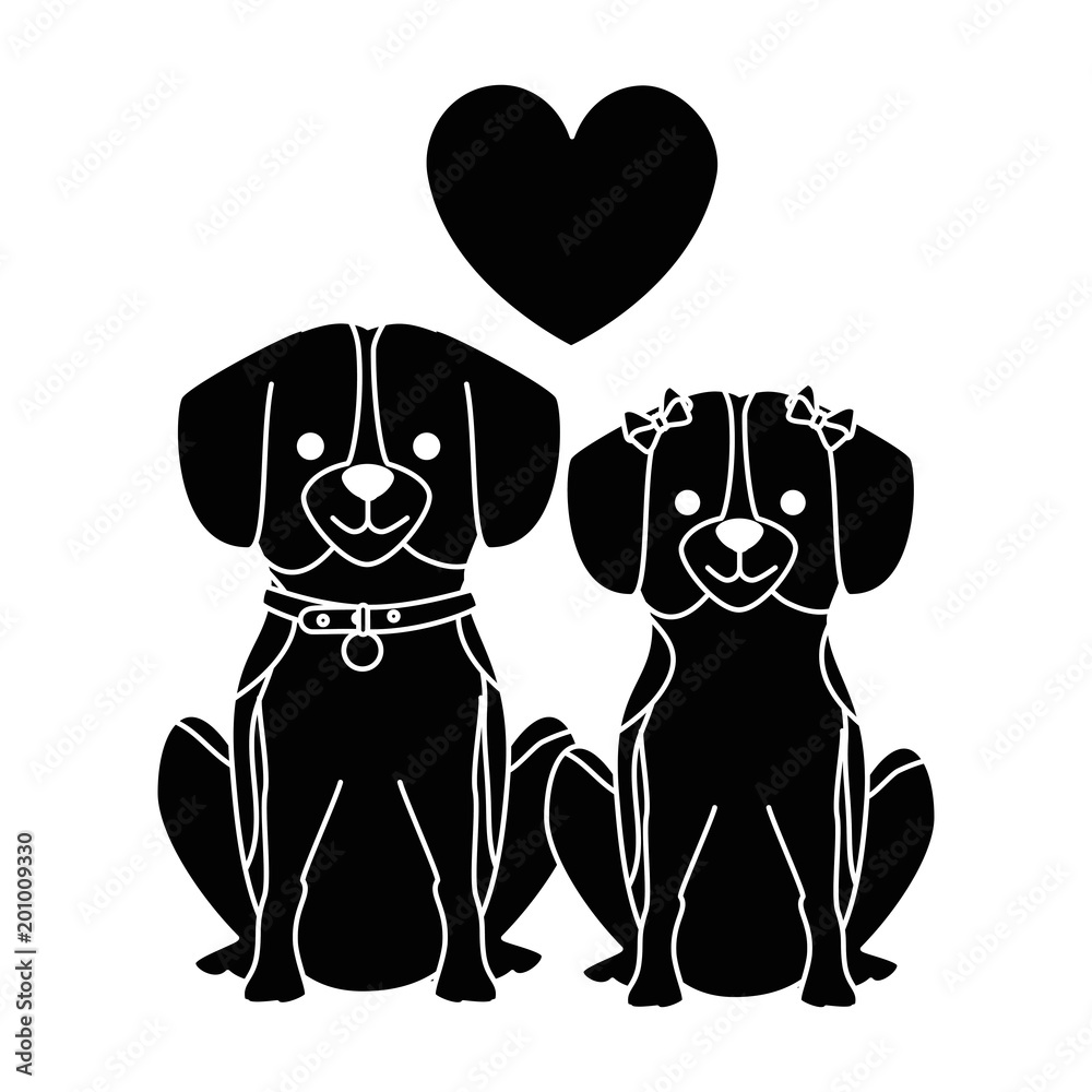 cute dogs couple lovers with hearts characters vector illustration ...