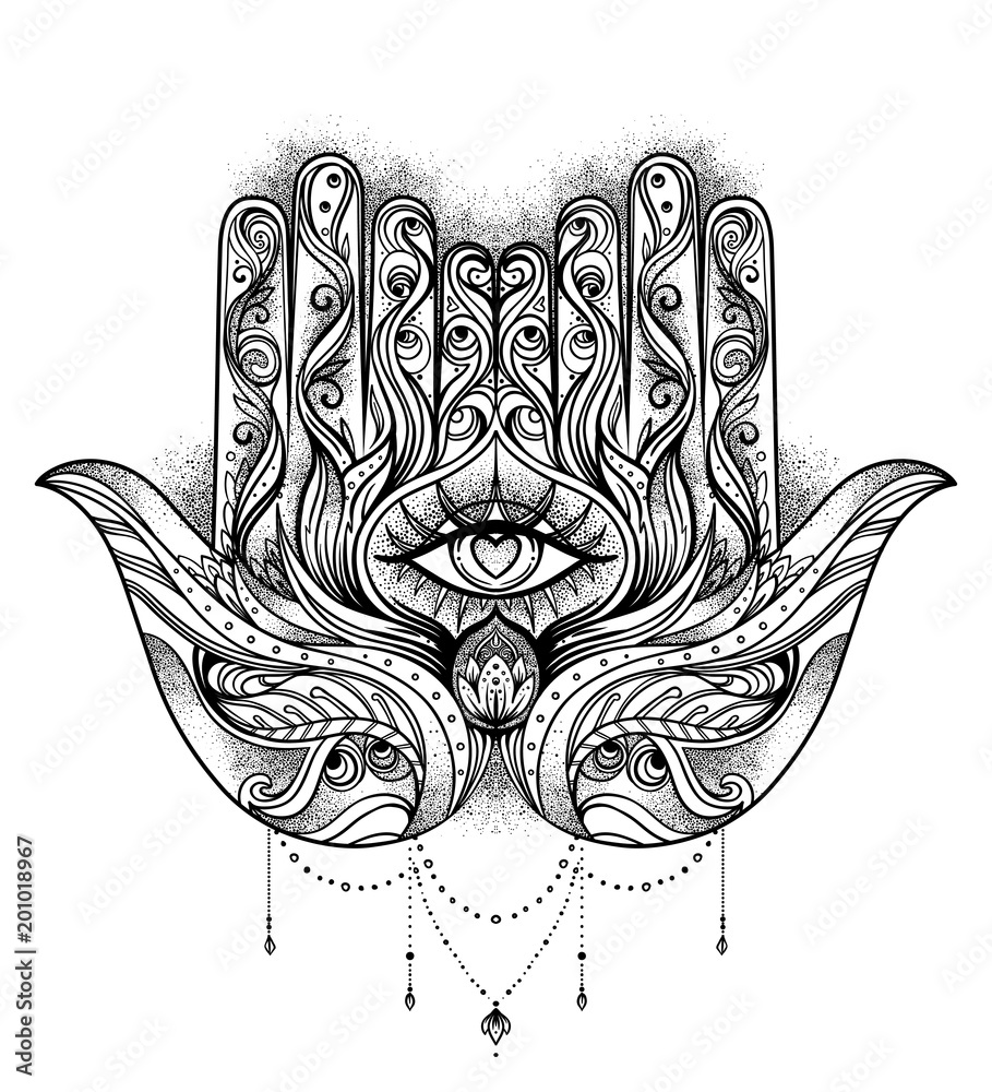 Ornate hand drawn hamsa. Popular Arabic and Jewish amulet. Vector ...