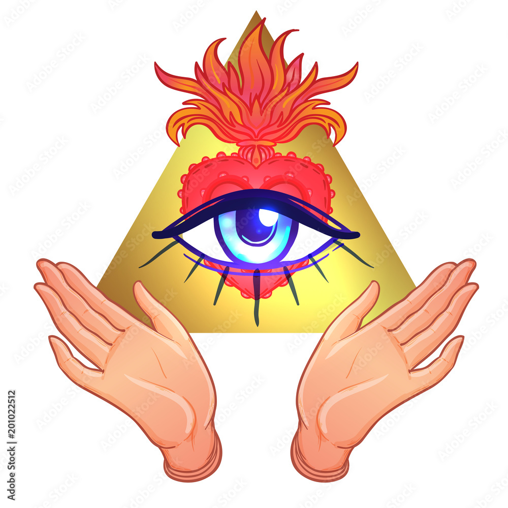 Human hands open around masonic symbol all seeing eye over sacred heart ...