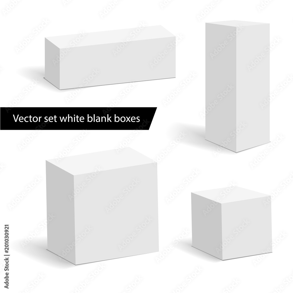 collection of four white blank boxes. Empty vertical box for products ...