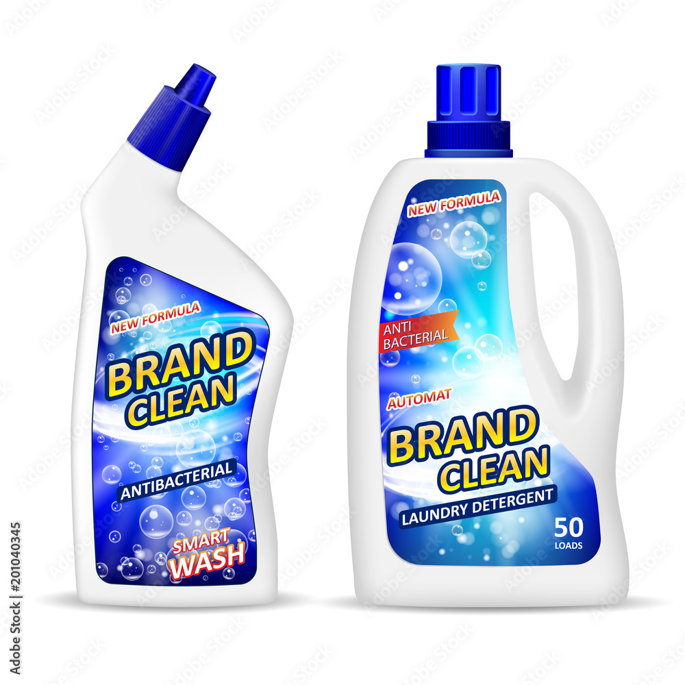Realistic plastic bottle mockup with label, antibacterial gel laundry ...