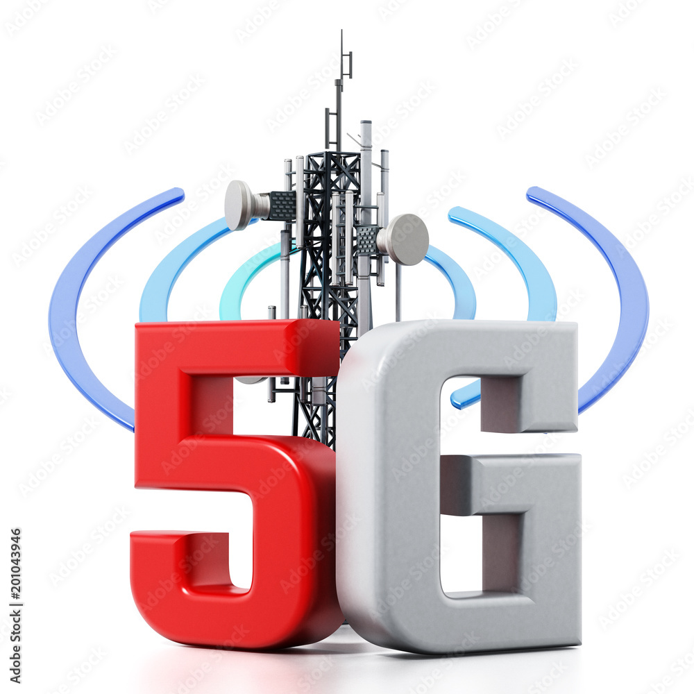 5G text and telecommunications tower with wave symbols. 3D illustration ...