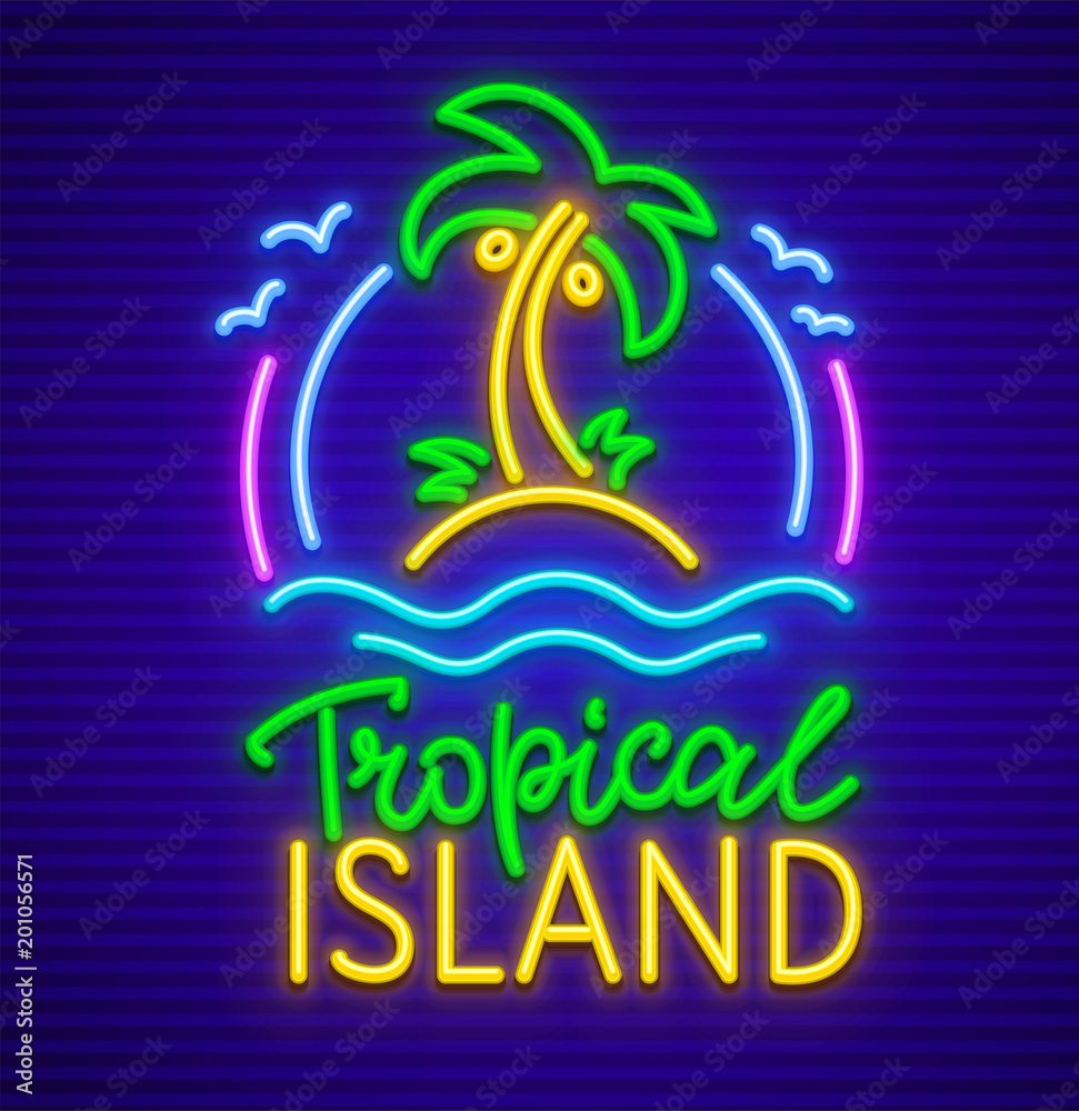 Tropical island neon sign with palm tree. Icon made of lamps Stock ...