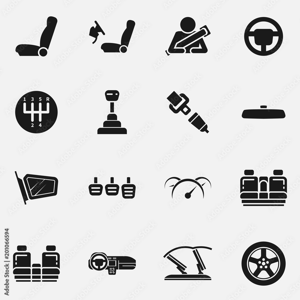 Set of car interior details vector icon. Includes seats, back seats ...