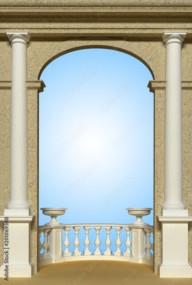 Arched balcony with balustrade, vases and columns 3D rendering Stock ...