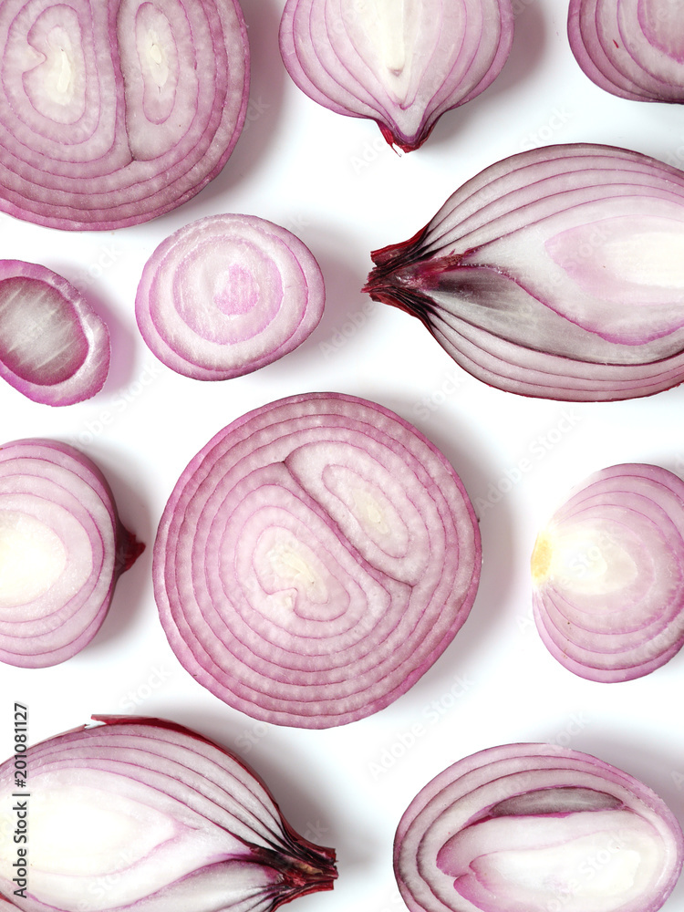 Pink onion pattern. Slices of onion on a white background. Top view ...