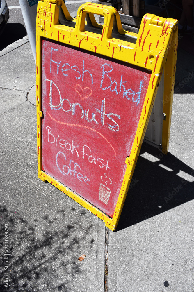 Donut Sign outside cafe - Coffee, Breakfast, Red, Chalkboard Stock ...