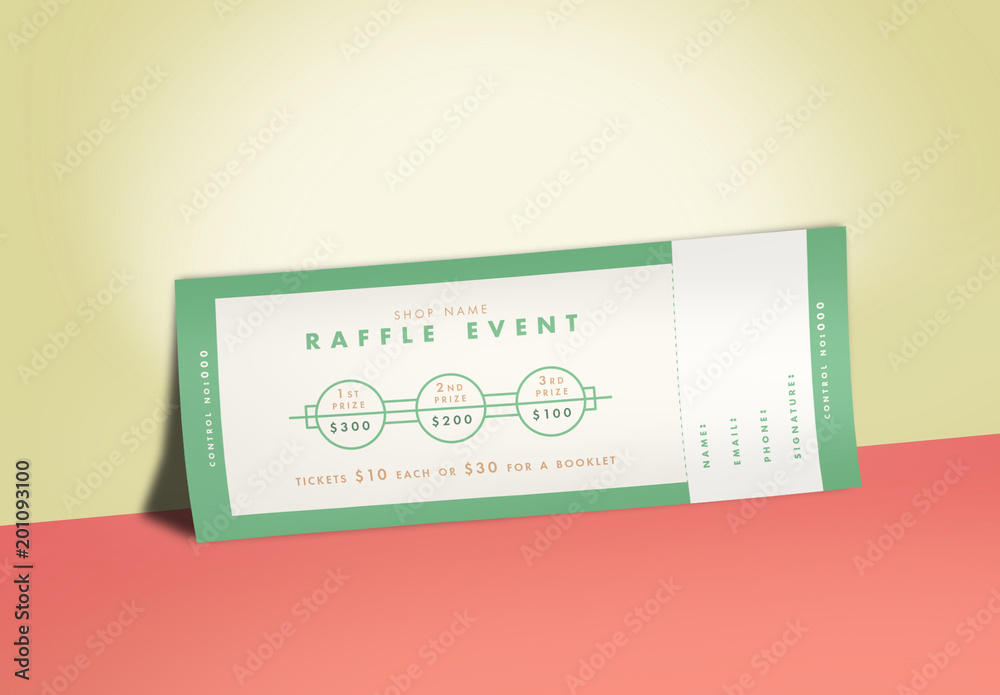 Raffle Ticket Layout with Green Accents Stock Template | Adobe Stock