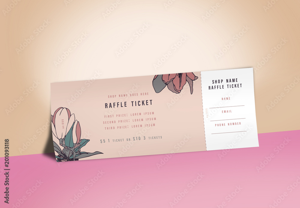 Raffle Ticket Layout with Floral Illustrations Stock Template | Adobe Stock