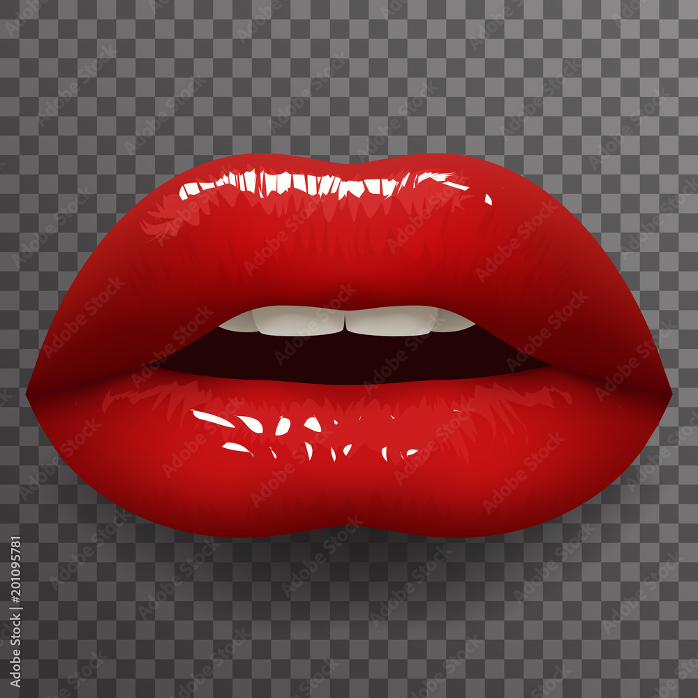 Bright red lipstick lips half open female mouth teeth stylish fashion ...