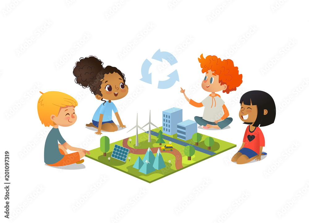 Children sitting on floor explore the model landscape, mountains, Eco ...