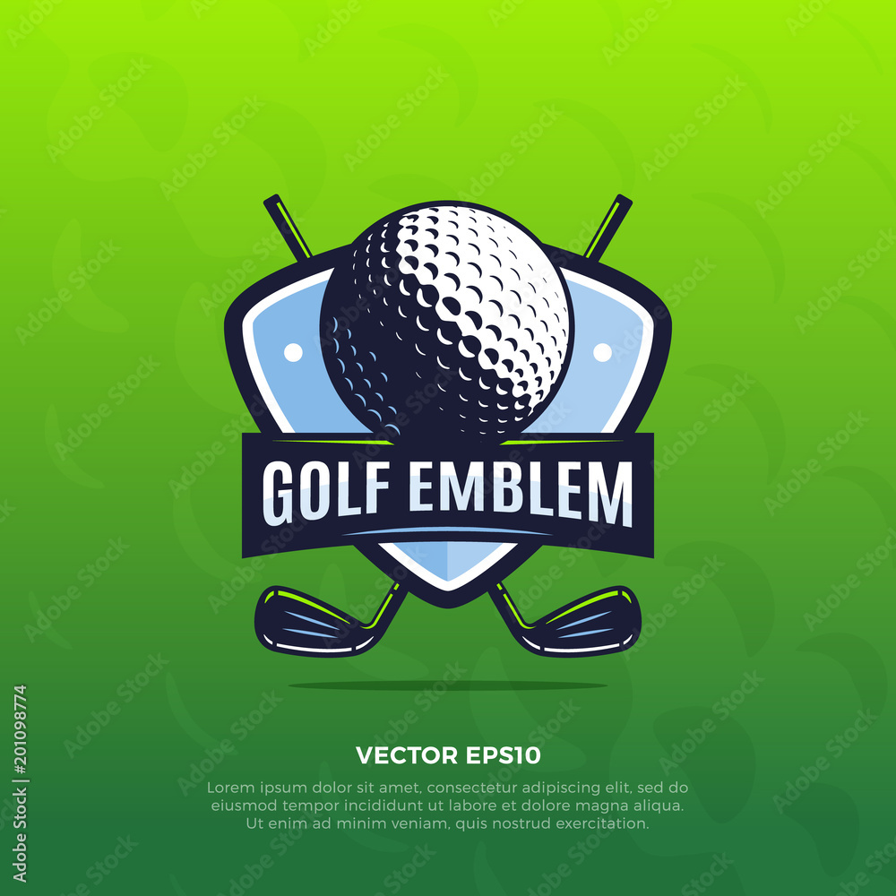 Golf shield sport emblem with golf ball and clubs vector illustration ...
