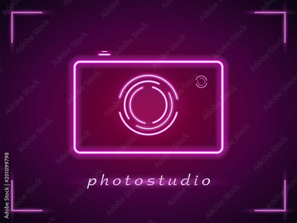 Neon photo camera sign. Photostudio neon banner. Luminous signboard ...