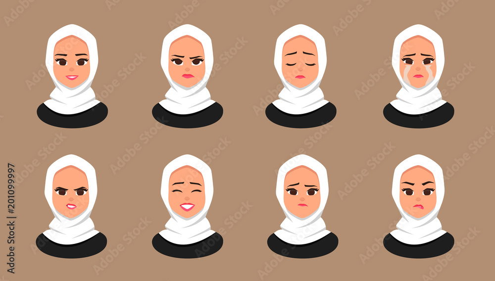 Set Facial expressions Young Arabic business woman wearing white hijab ...