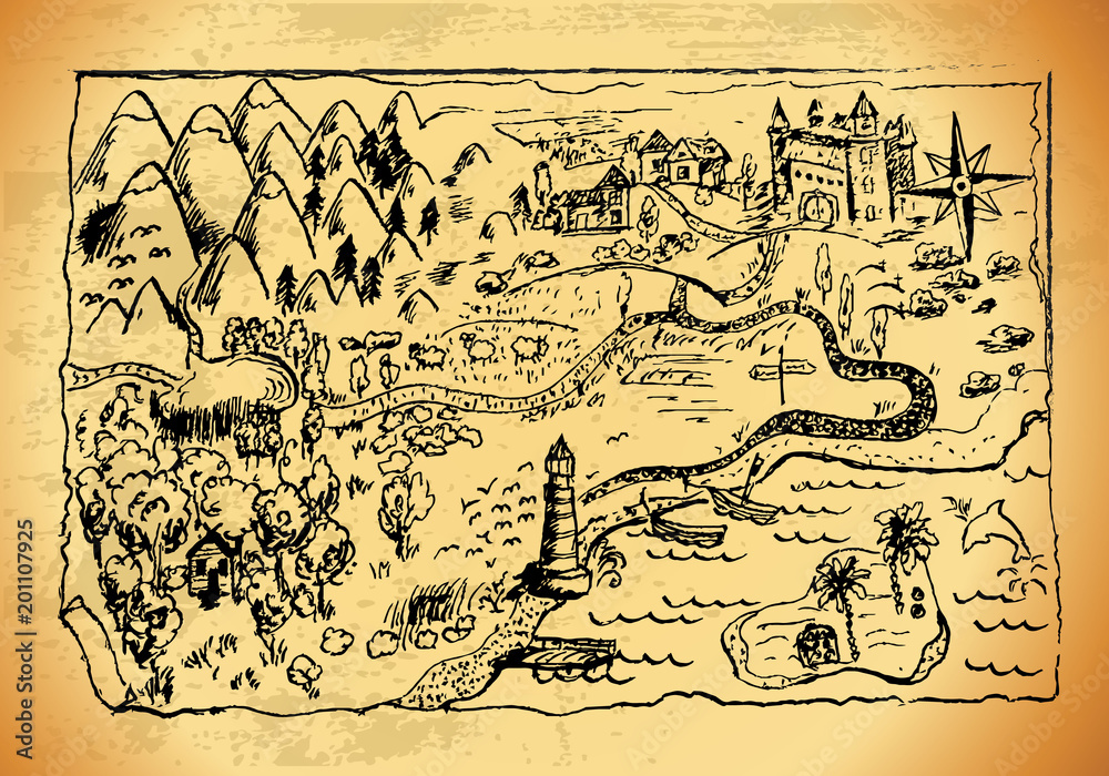 Old style hand drawn a map with landscapes, mountains, forest, sea ...
