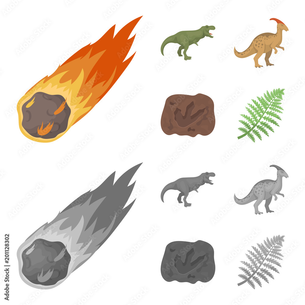 A falling meteorite,parasaurolophus, tyrannosaurus, an imprint of a ...