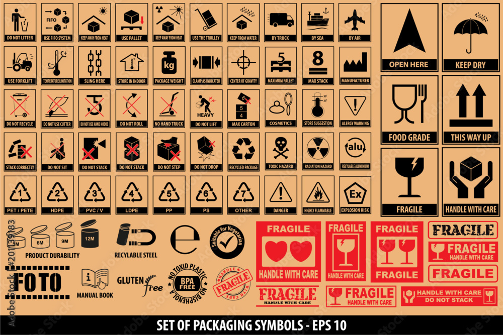 Set of packaging symbols, tableware, plastic, fragile symbols ...