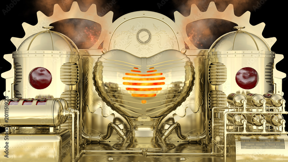 The steampunk stylized machine: the blood enters the reservoir tanks ...