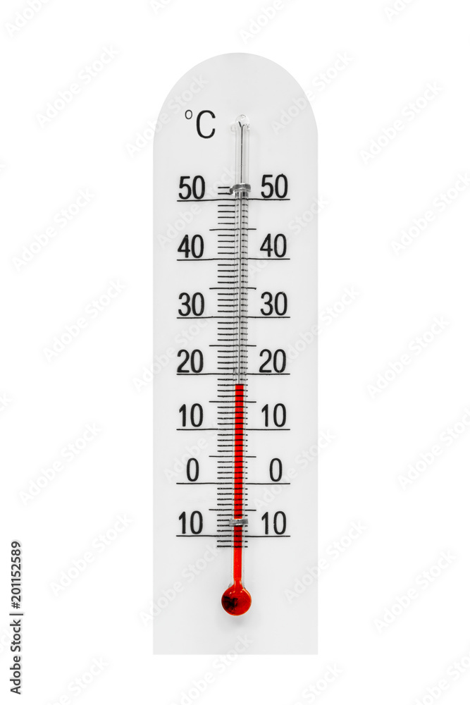 Atmospheric plastic meteorology thermometer isolated on white ...