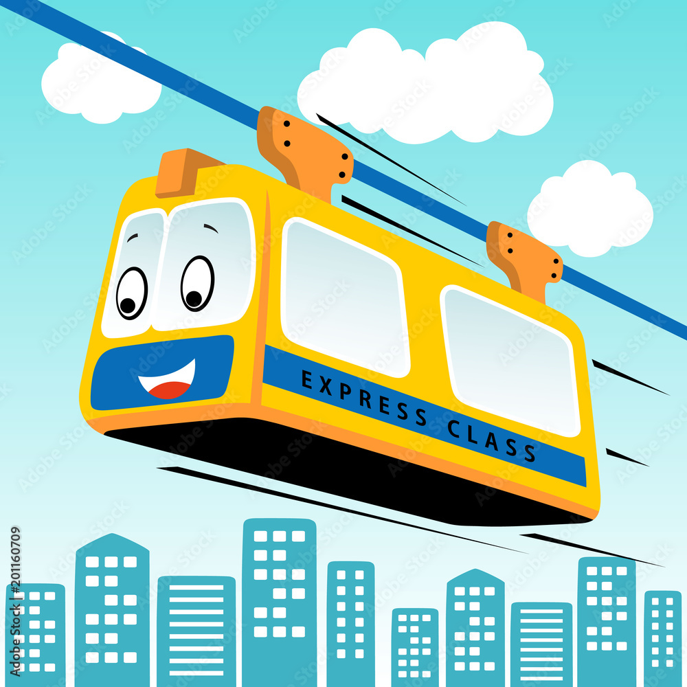 A funny cable car crossing over the city, vector cartoon illustration ...